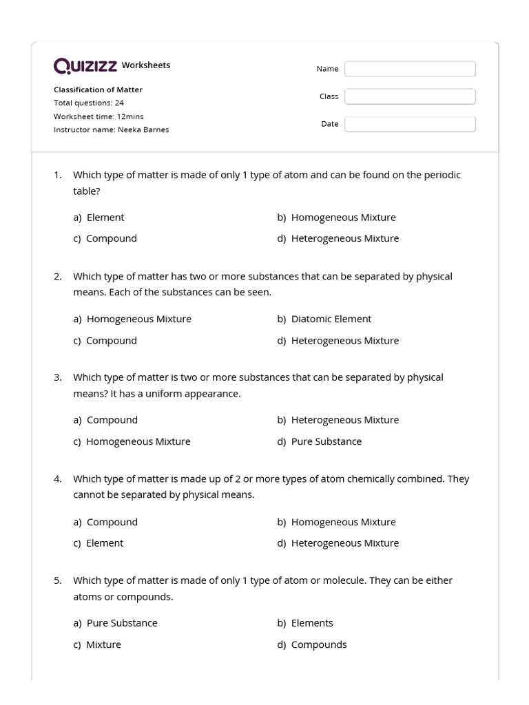 Classification of Matter - Quizizz | PDF | Chemical Substances | Mixture