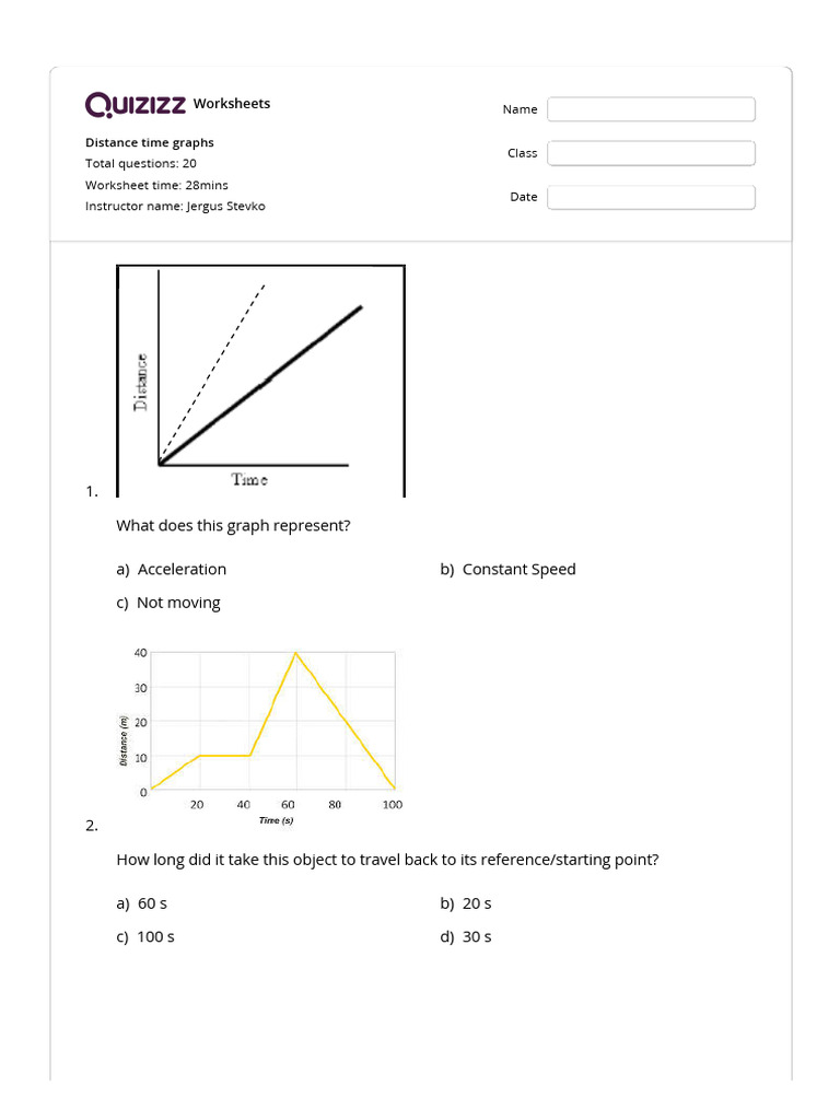 Distance-Time Graphs Worksheet Answers | PDF | Speed | Acceleration