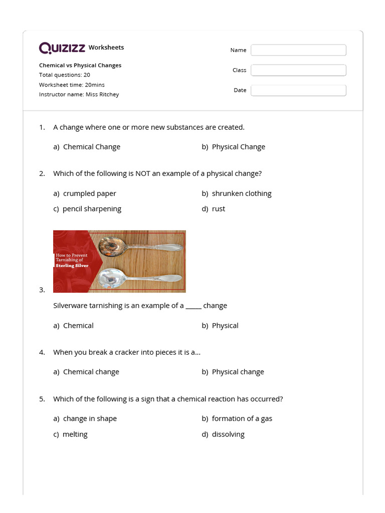 Chemical Vs Physical Changes - Quizizz | PDF | Chemical Substances ...