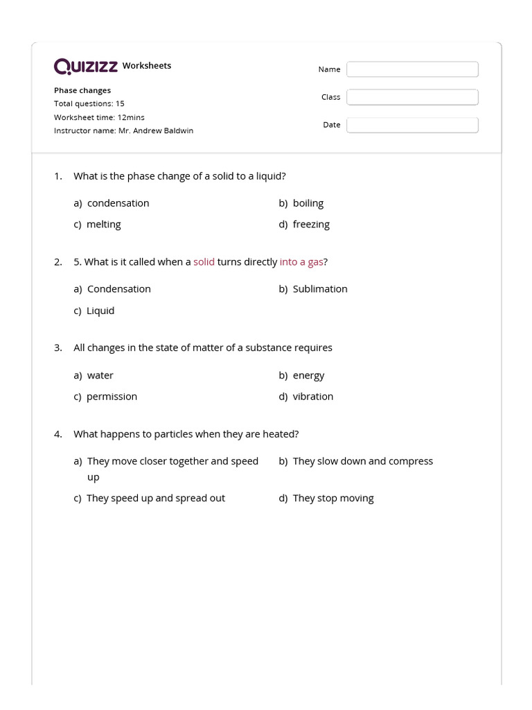 Phase Changes - Quizizz | PDF | Phase (Matter) | Water