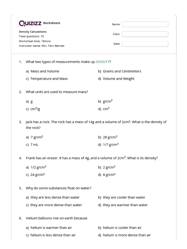 Density Calculations - Quizizz | PDF | Density | Volume