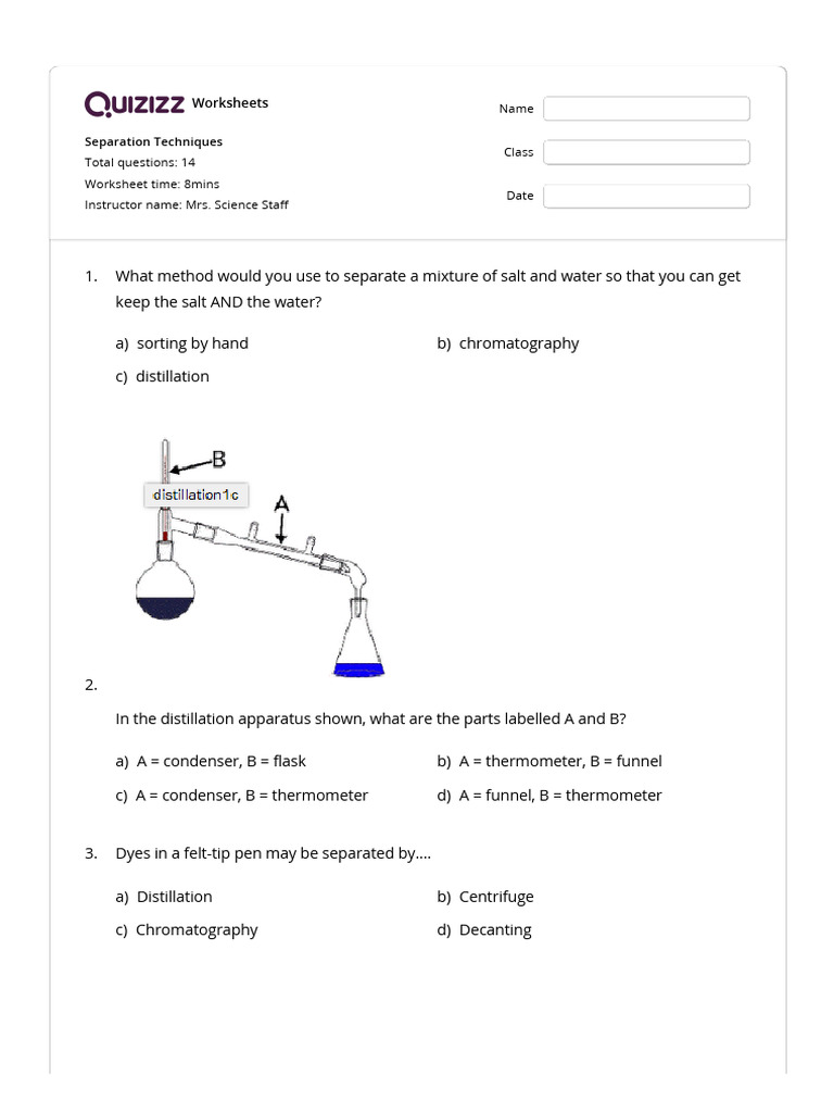 Separation Techniques - Quizizz | PDF | Distillation | Solubility