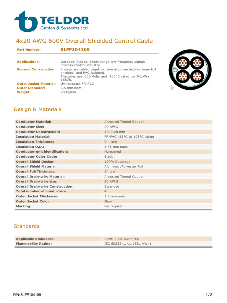 4x20 AWG 600V Overall Shielded Control Cable - 8LFP104109 - V - 2 - R ...