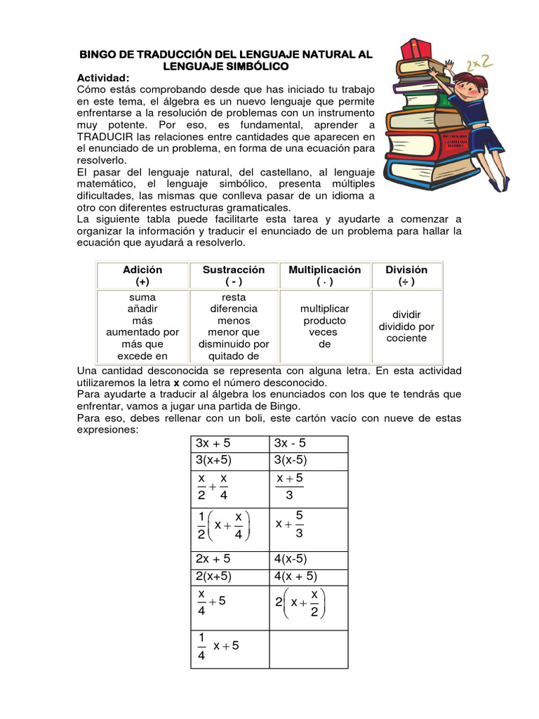 Bingo de Traducción Del Lenguaje Natural Al Lenguaje Simbólico ...