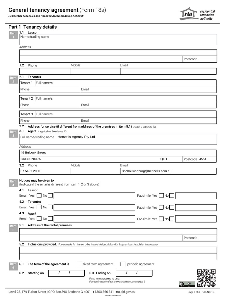 RTA General Tenancy Agreement Form18a | PDF | Lease | Leasehold Estate