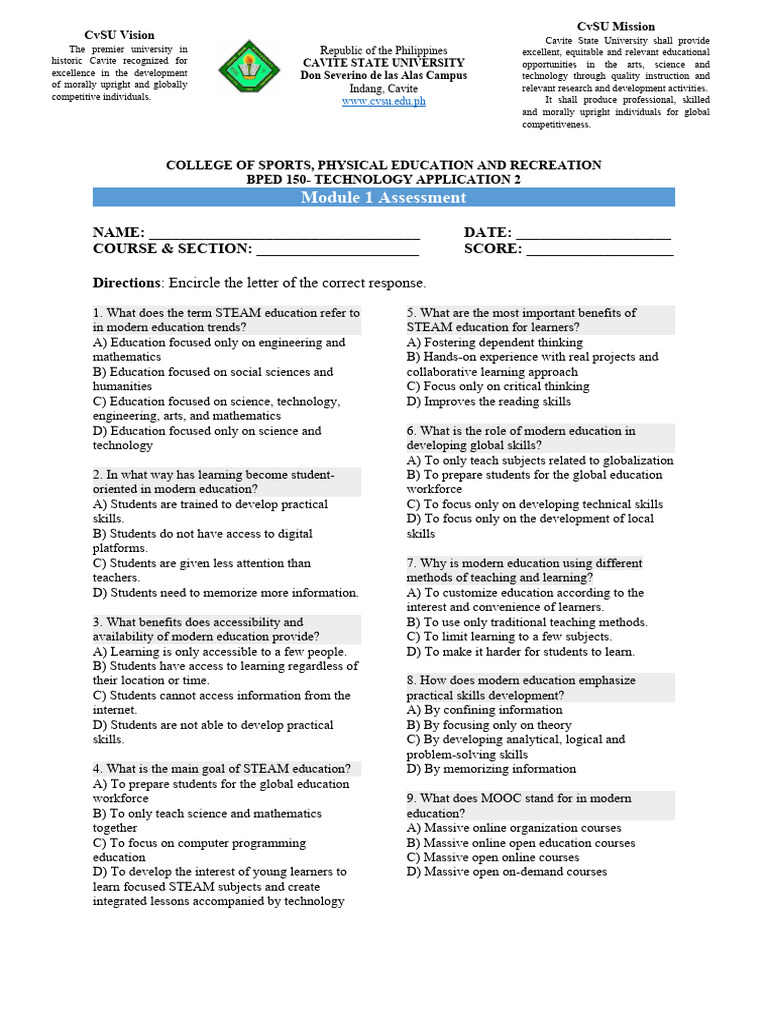 BPED Board Exam Module 1 Assessment | PDF | Educational Technology ...