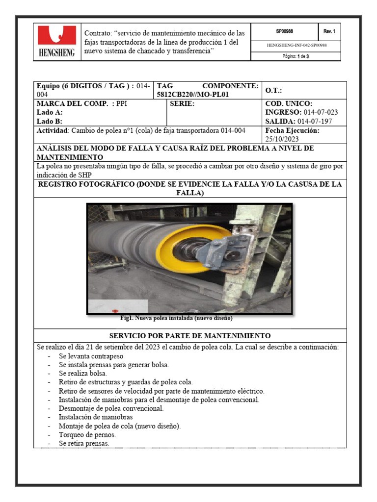 Informe de Polea N°1 (Cola) de Faja Transportadora 014-004 | PDF | Rodamiento (Mecánico ...