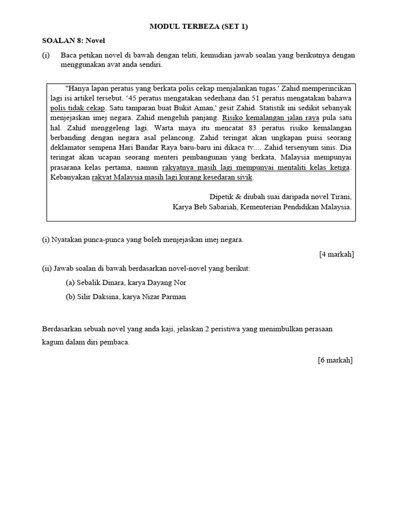 Soalan 8 Novel - Aras Cemerlang | PDF