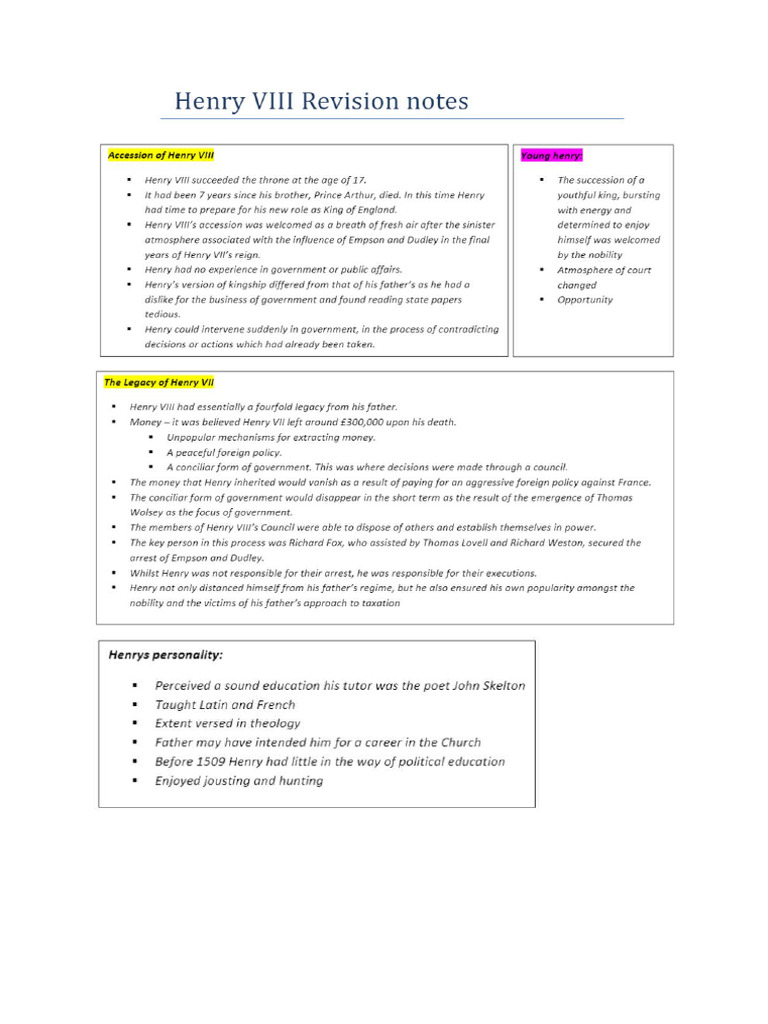 Revision Notes - Henry VIII | PDF