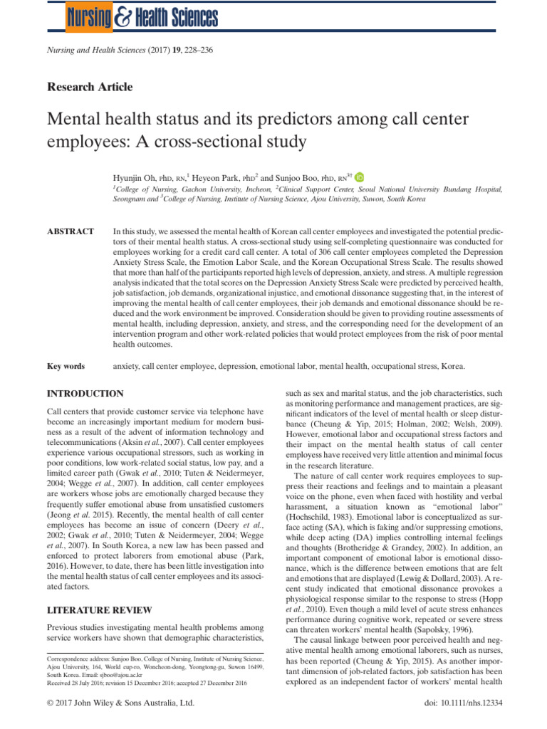 Mental Health Status and Its Predictors Among Call Center Employees A ...