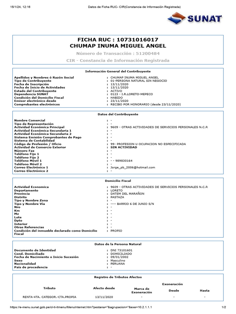 Ficha Ruc Miguel Angel | PDF | Industrias de servicio