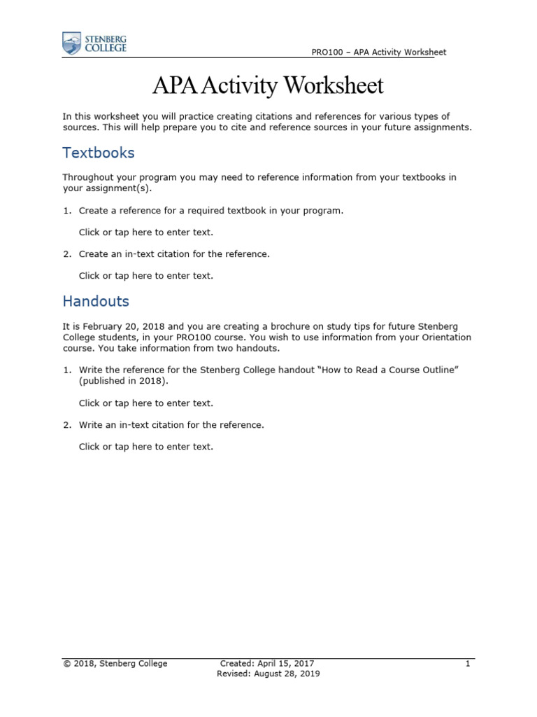 APA Activity Worksheet Online | PDF | Apa Style | Citation