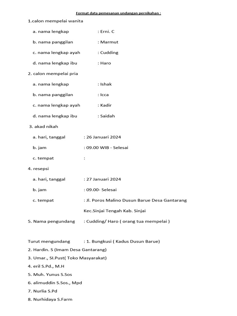 Format Data Undangan Pernikahan | PDF