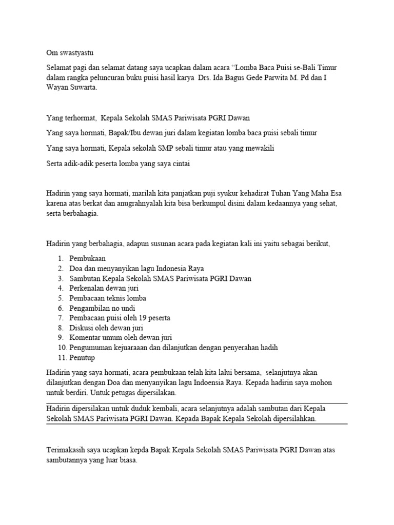 Teks MC Lomba Baca Puisi Lya | PDF