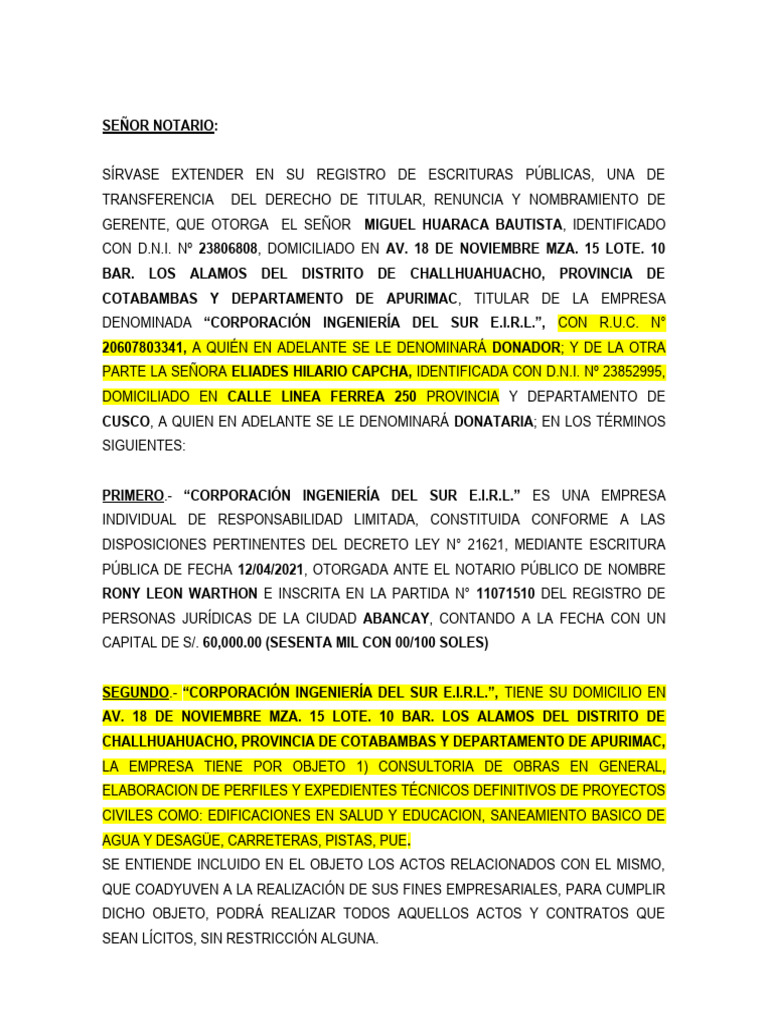 Acta Transferencia y Cambio G Eirl | PDF | Donación | Justicia