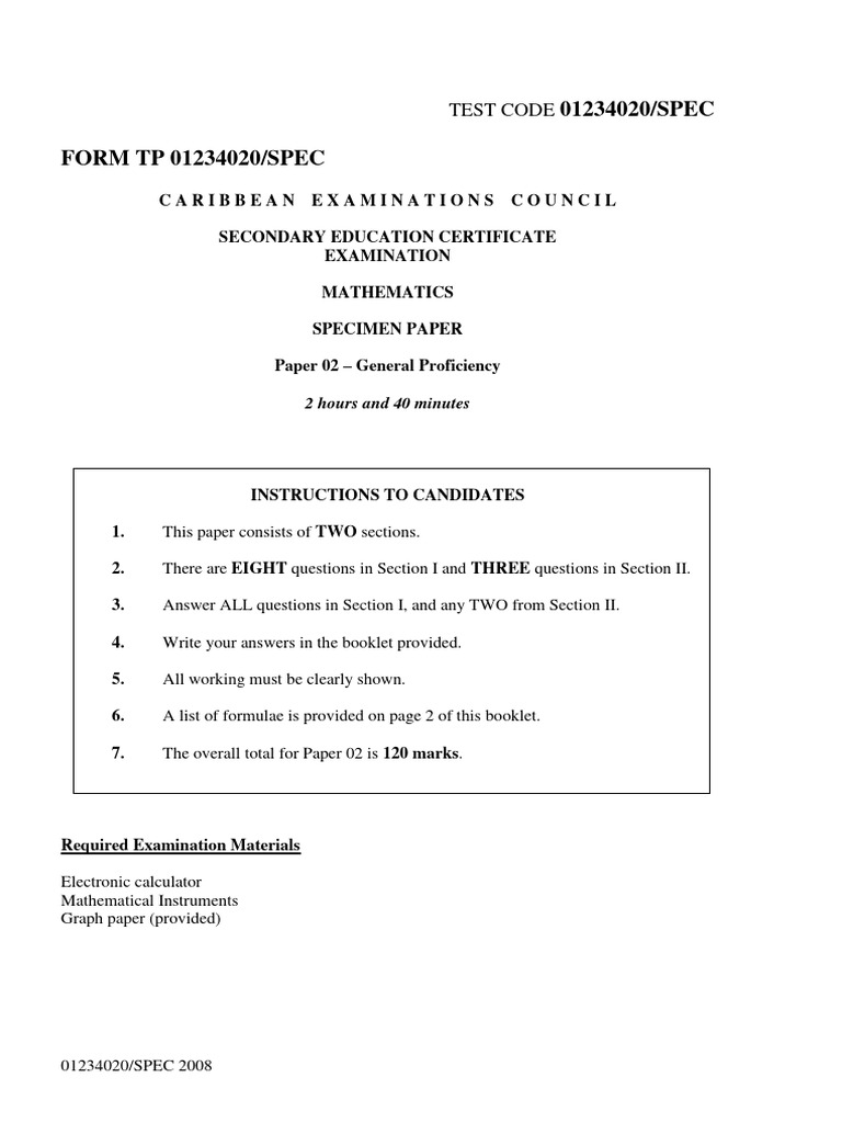 CSEC Mathematics Specimen 2008 P2 | PDF | Mathematics