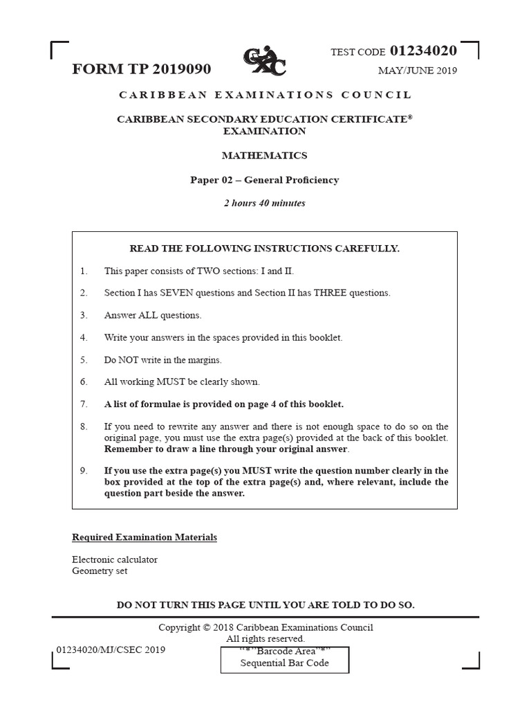 CSEC Maths MayJune2019P02 | PDF | Area | Circle