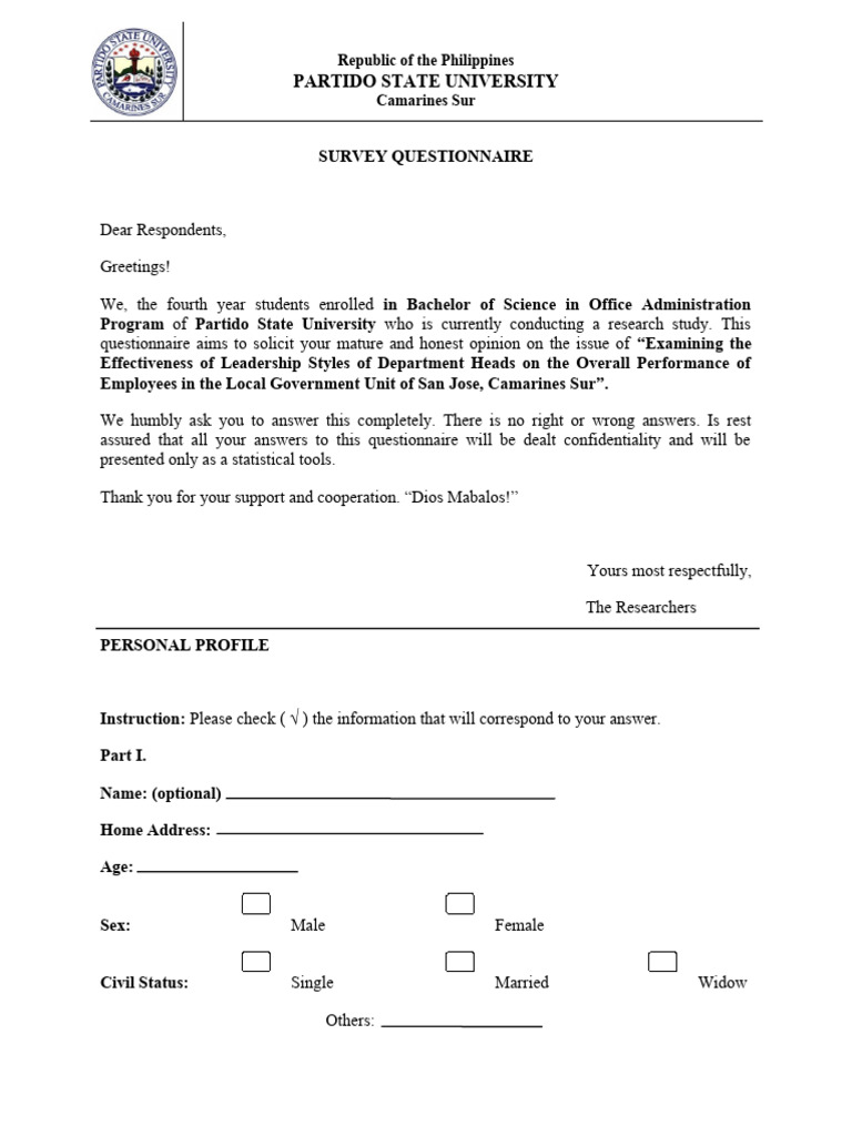 Final Survey Questionnaire | Download Free PDF | Leadership | Questionnaire