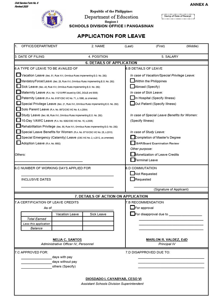 Cs Form No 6 Revised 2020 Teaching Personnel Pdf Sick Leave Justice
