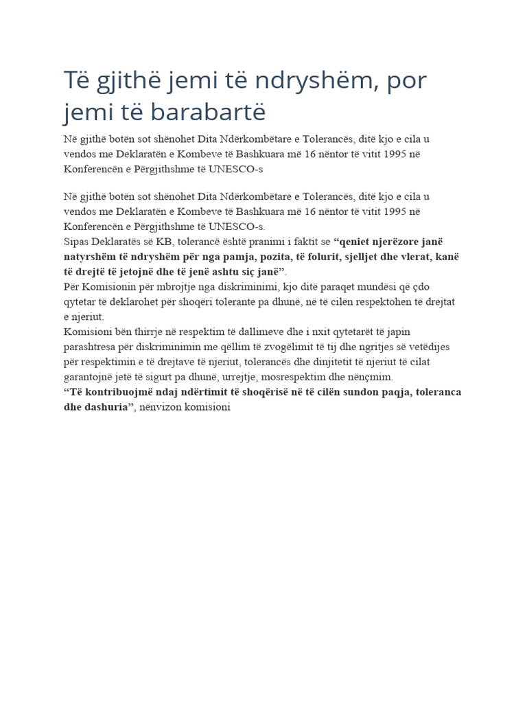 Të Gjithë Jemi Të Ndryshëm, Por Jemi Të Barabartë | PDF