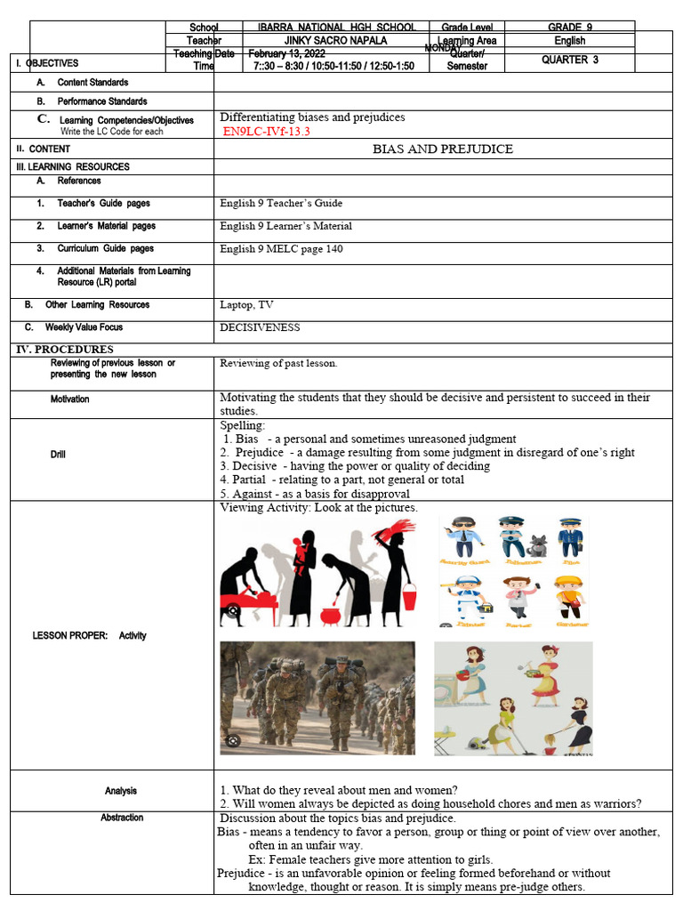 English Lesson Plan Q3 | PDF | Bias | Prejudices