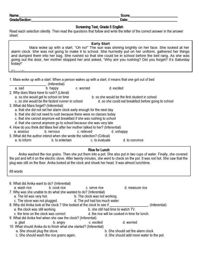 Screening Test English | PDF