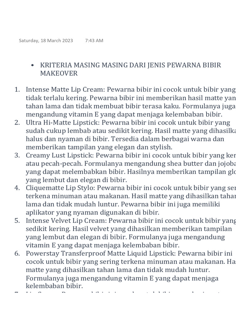 Deskripsi Masing Masing Dari Jenis Pewarna Bibir Makeover | PDF