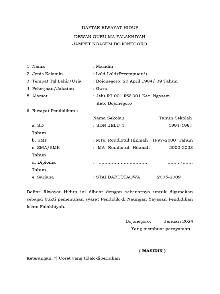 Daftar Riwayat Hidup Guru Ma | PDF