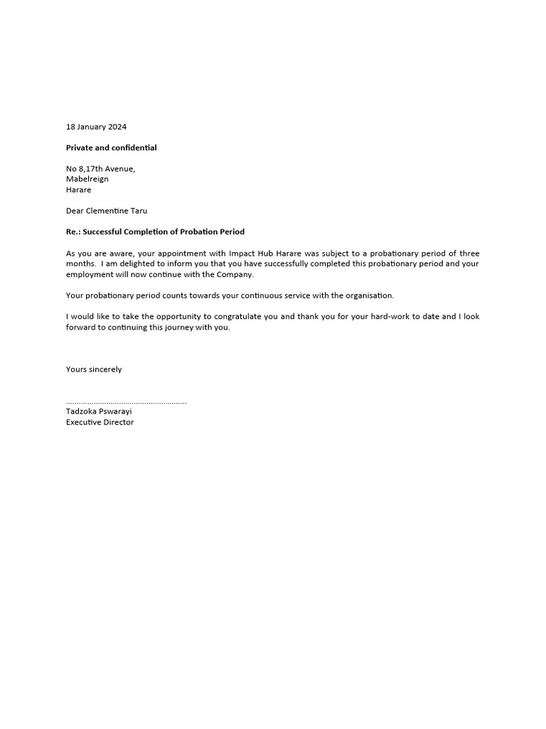 Letter Successful Completion Probationary Period | PDF