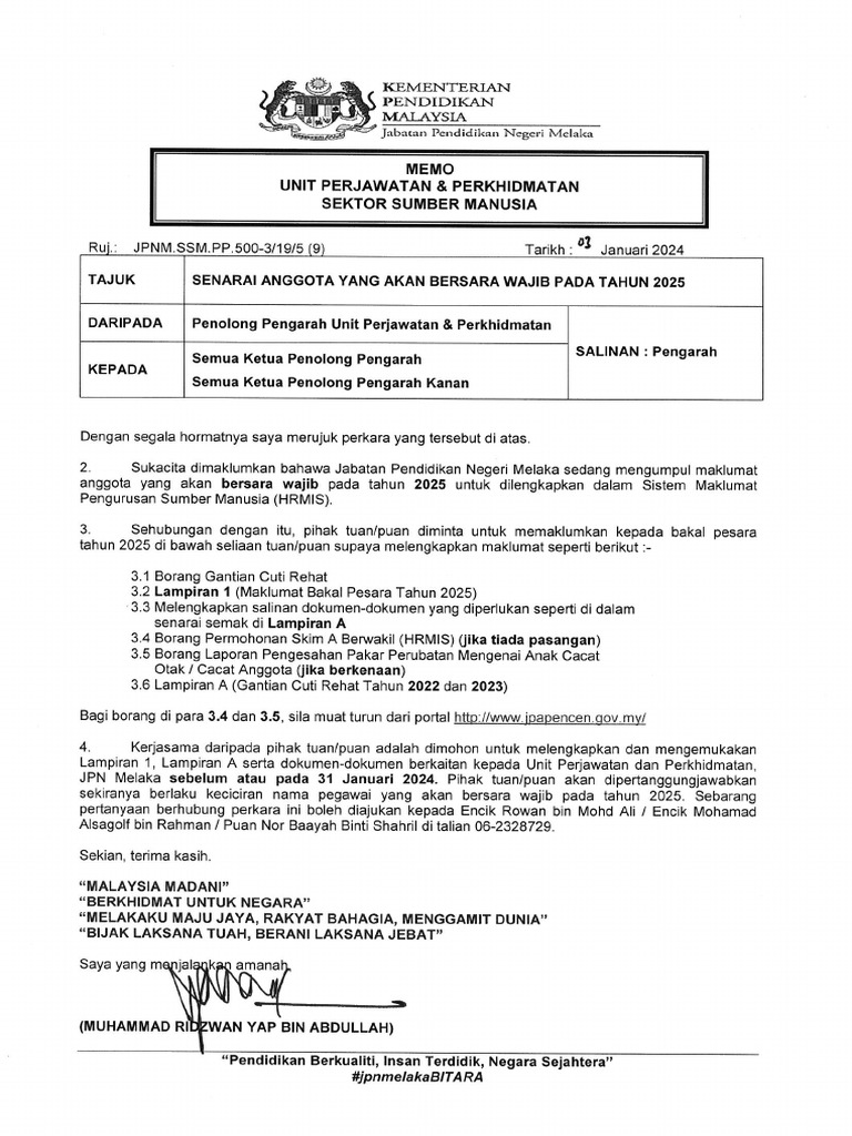 Memo Bersara Wajib 2025 | PDF