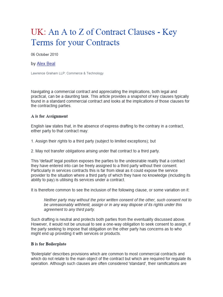An A To Z of Contract Clauses-1 | PDF | Breach Of Contract | Indemnity