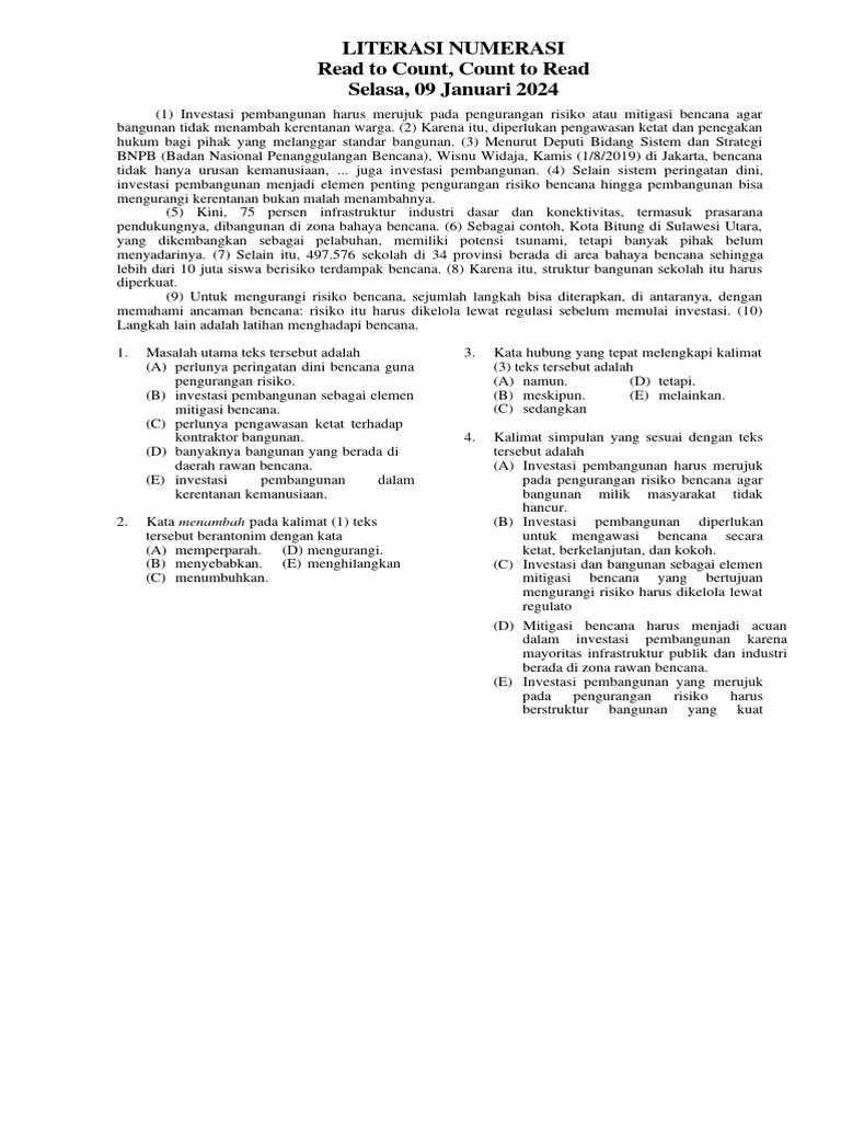 LITERASI NUMERASI Selasa, 9 Januari 2024 | PDF
