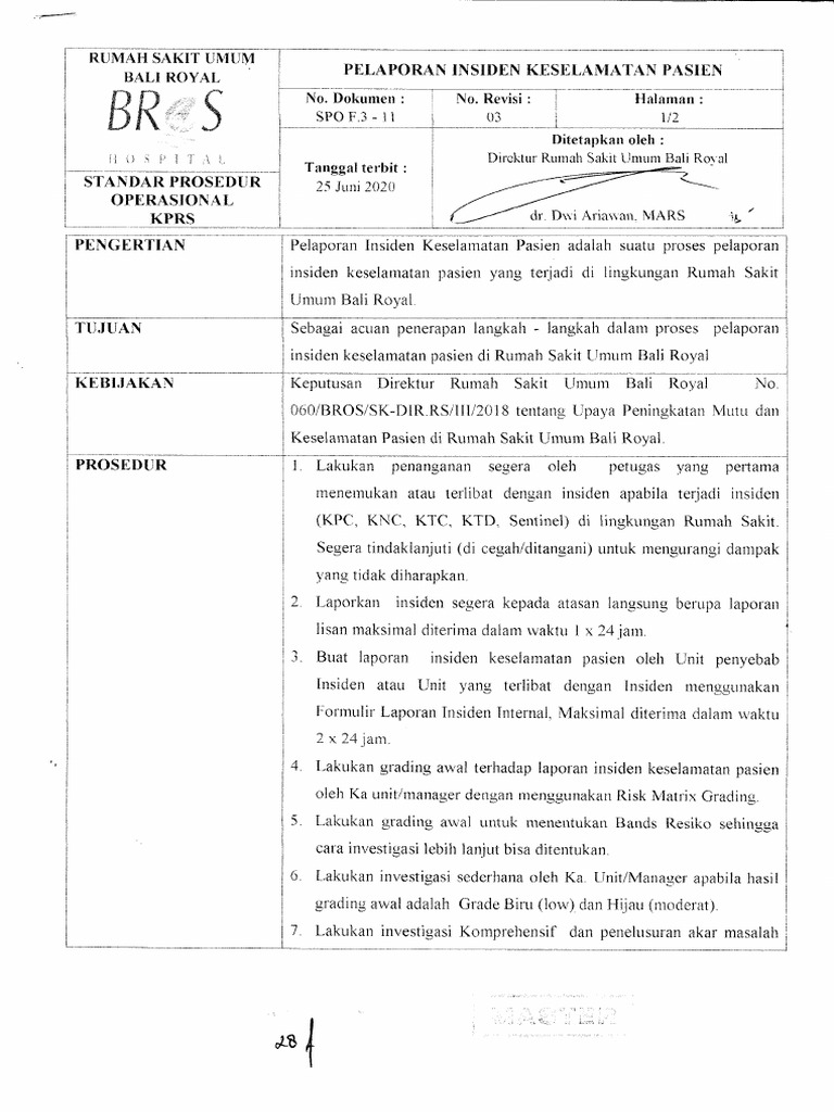 Prosedur Pelaporan Insiden Keselamatan Pasien | PDF