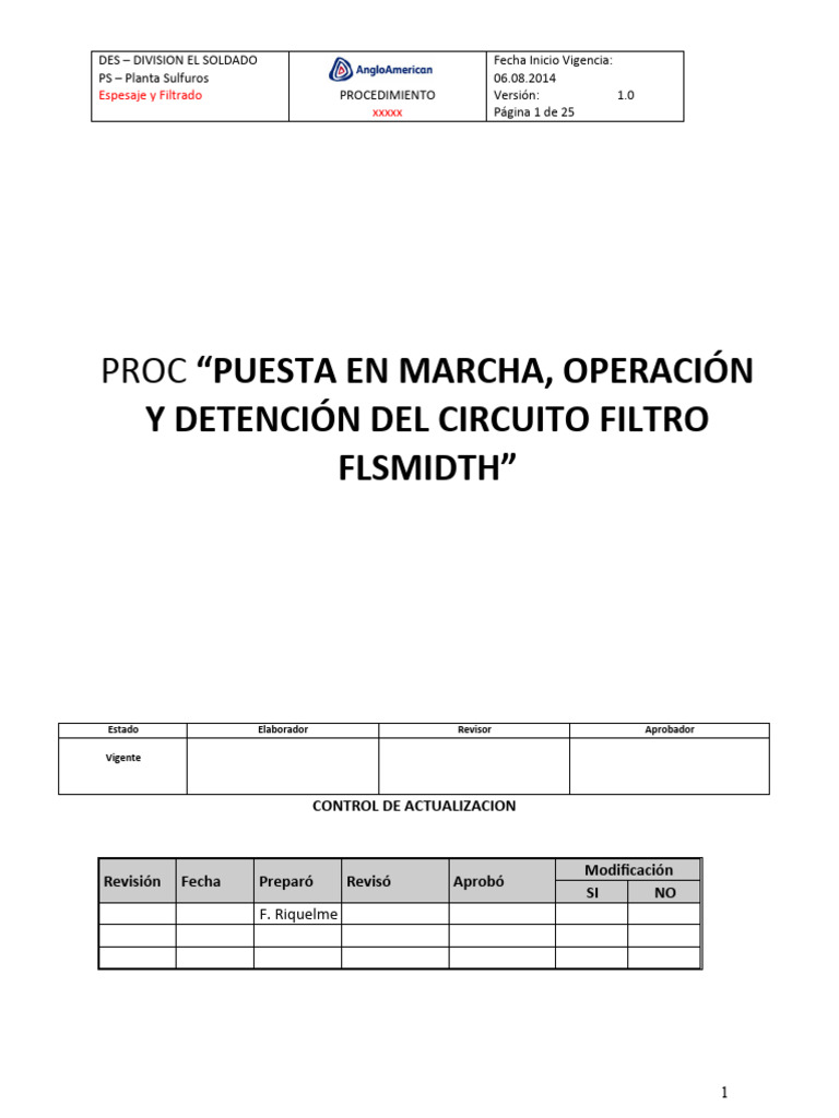 PROCEDIMIENTO FILTRO FLSMIDTH Revisado | PDF | Filtración | Bomba PROCEDIMIENTO FILTRO FLSMIDTH Revisado | PDF | Filtración | Bomba