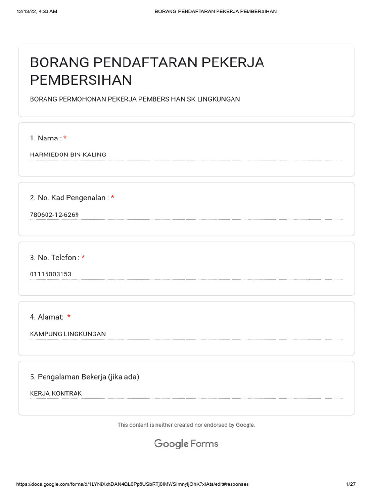 BORANG PENDAFTARAN PEKERJA PEMBERSIHAN - Google Forms | PDF