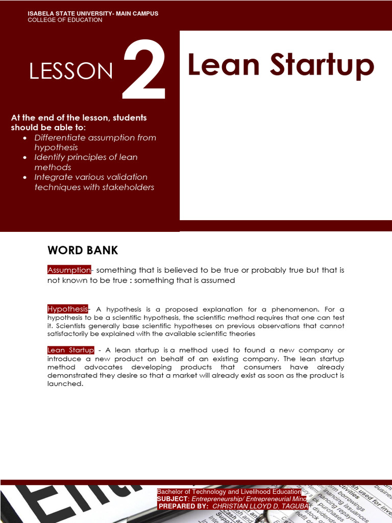 Lesson 2 Entrepreneurship | PDF | Lean Startup | Startup Company