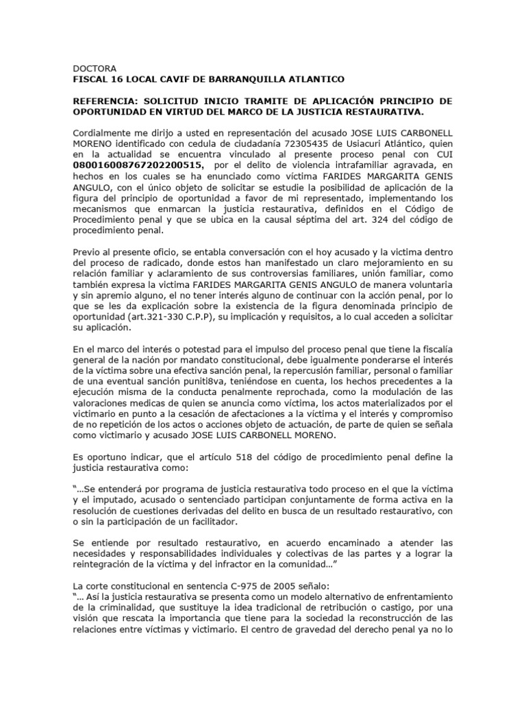 Solicitud de Principio de Oportunidad en Violencia Intrafamiliar | PDF ...