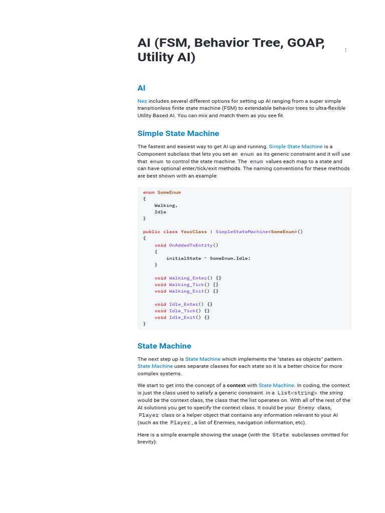 AI (FSM, Behavior Tree, GOAP, Utility AI) - Nez Framework Documentation | PDF | Class (Computer ...