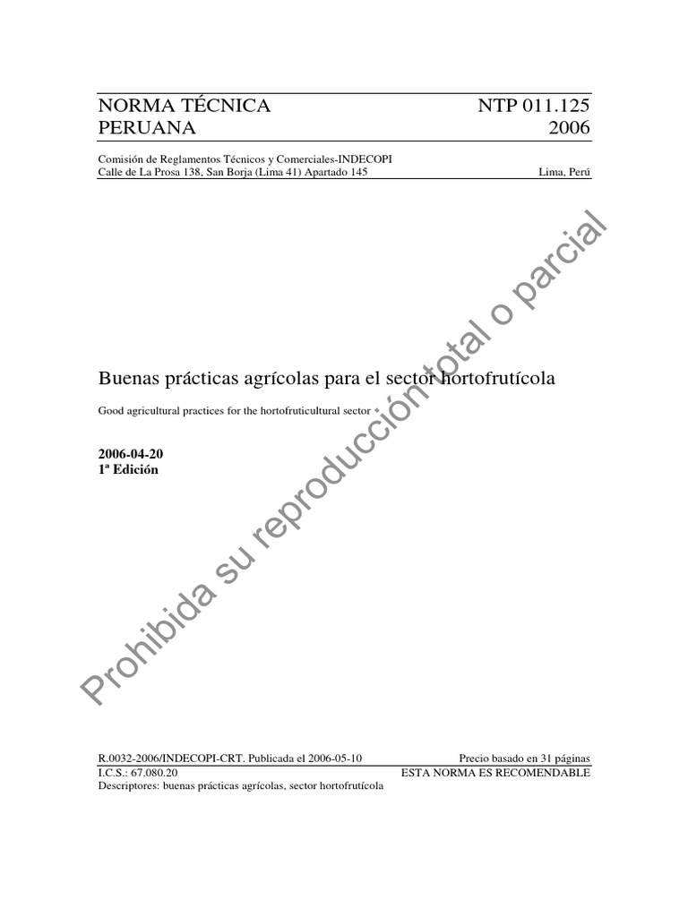 Norma Técnica NTP 011.125 Peruana 2006: 2006-04-20 1 Edición | PDF | Pesticida | Fertilizante