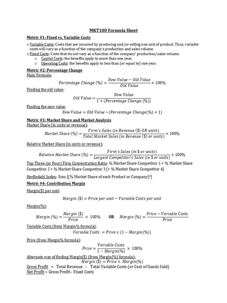 MKT100-Midterm 2 Formulas | PDF | Gross Margin | Economics