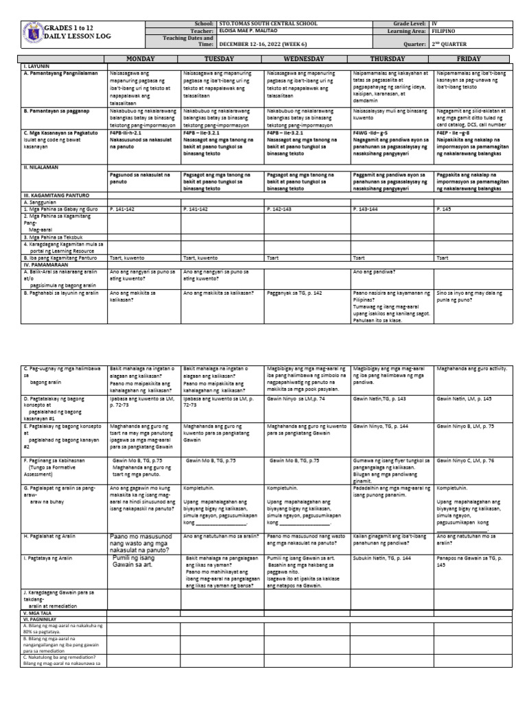 Cot 1 DLL - Filipino 4 - Q2 - W6 | PDF