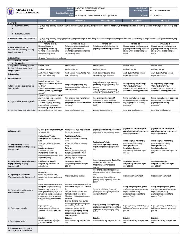 DLL - Araling Panlipunan 4 - Q2 - W4 | PDF