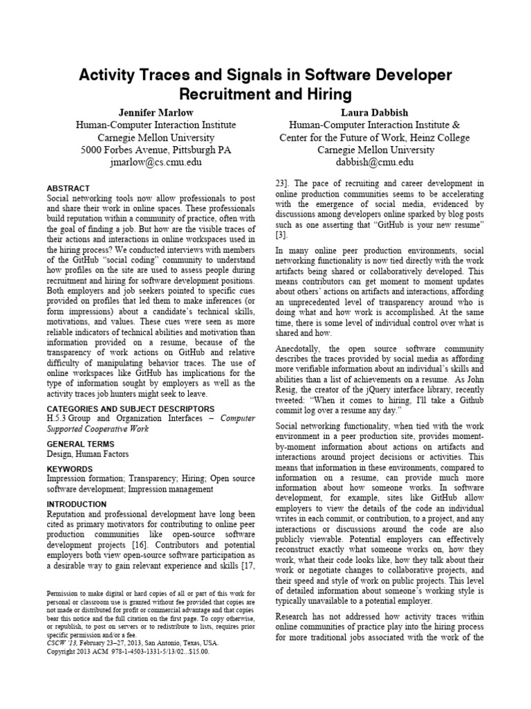 Activity Traces and Signals in Software Developer Recruitment and Hiring | PDF | Social ...