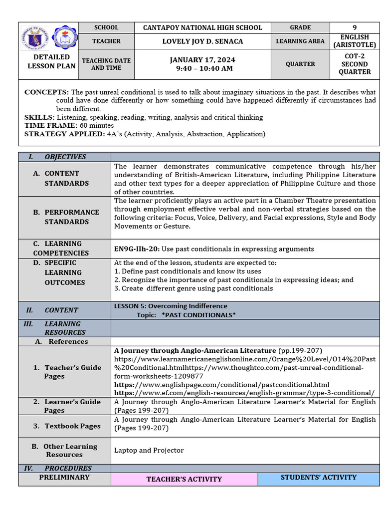 Lovely 4as Lesson Plan - COT 2 | PDF | Verb | Learning