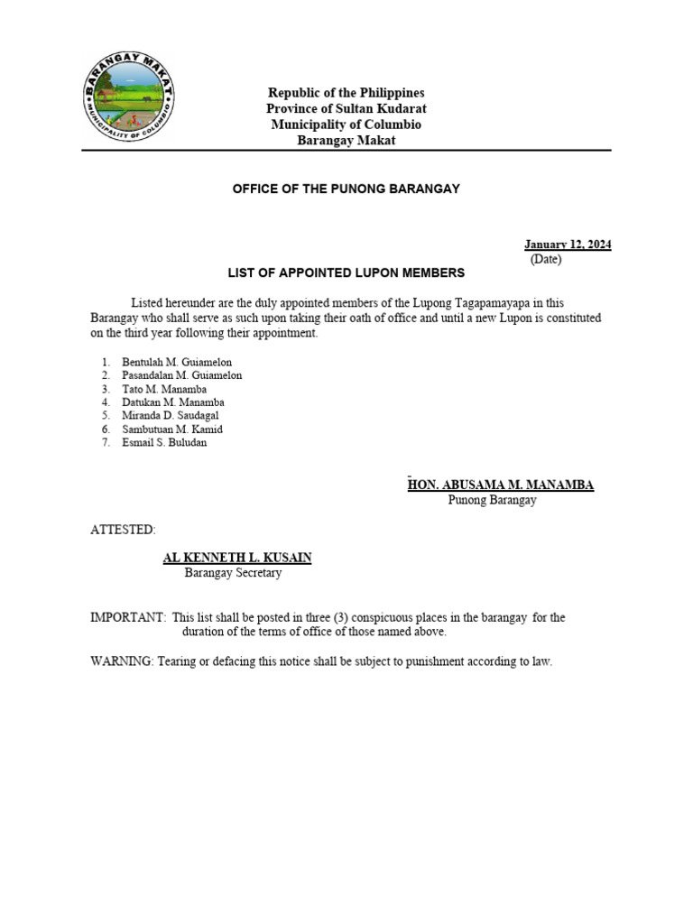 List of Appointed Lupon Members | PDF