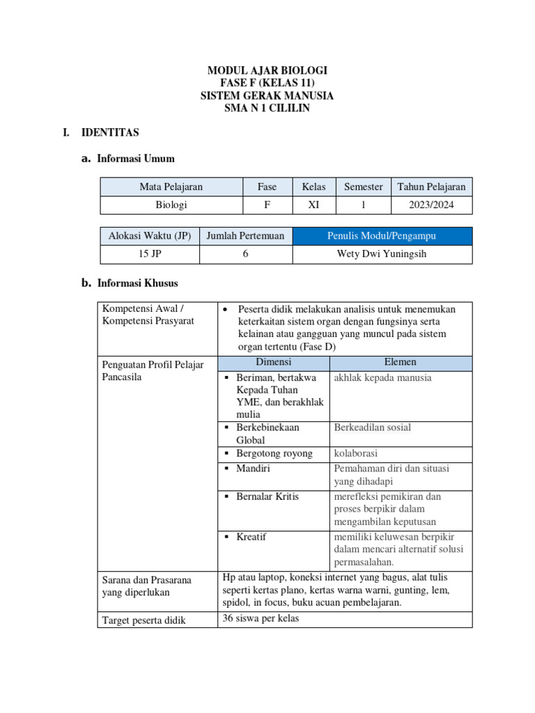 Modul Ajar Biologi - Modul Ajar Sistem Gerak Manusia Fase F Kelas 11 ... Modul Ajar Biologi - Modul Ajar Sistem Gerak Manusia Fase F Kelas 11 ...
