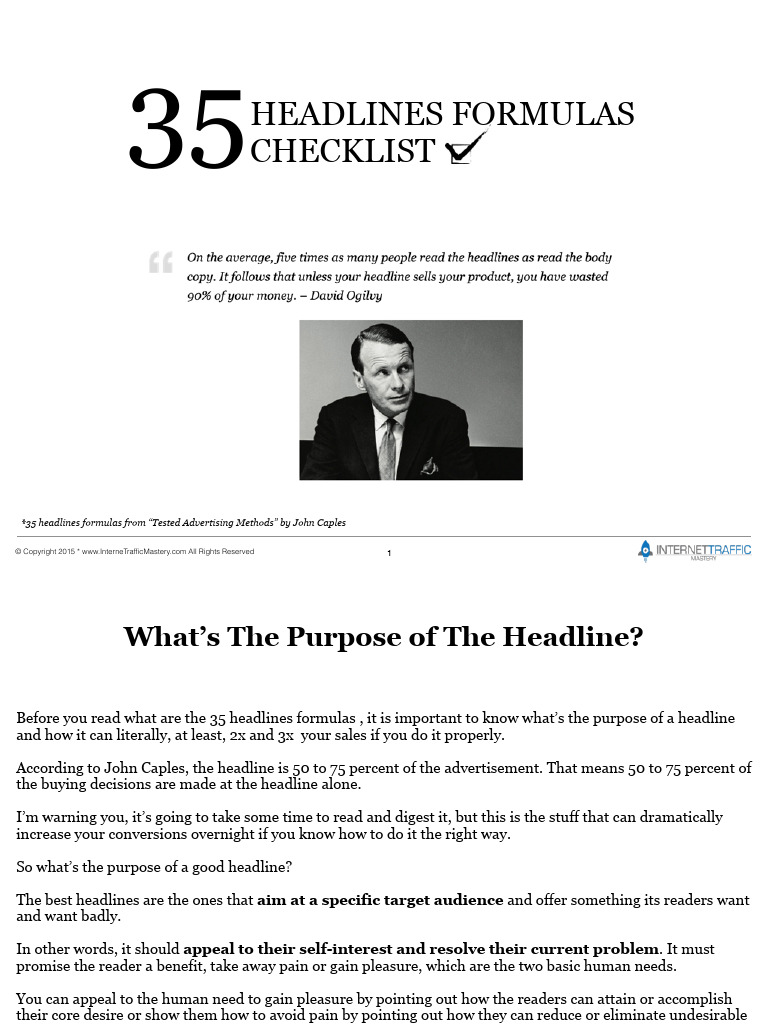 35 Headlines Formulas Checklist | PDF | Advertising | Copyright