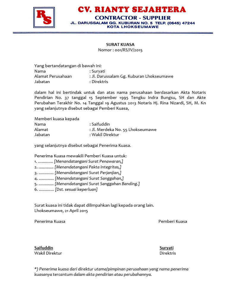 Surat Kuasa tender pipa | PDF