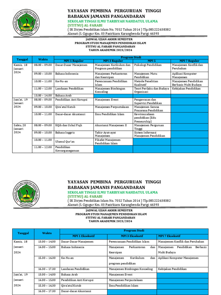 Jadwal Uas Ganjil 2023-2024 | PDF