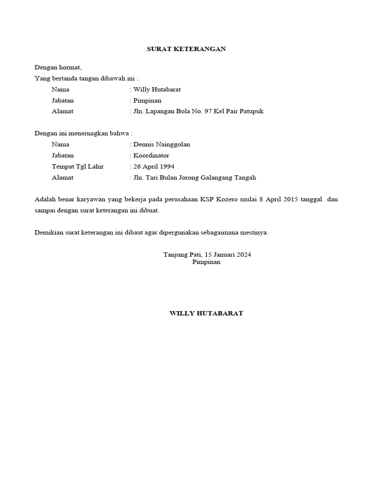 Surat Keterangan Karyawan KSP Kozero | PDF